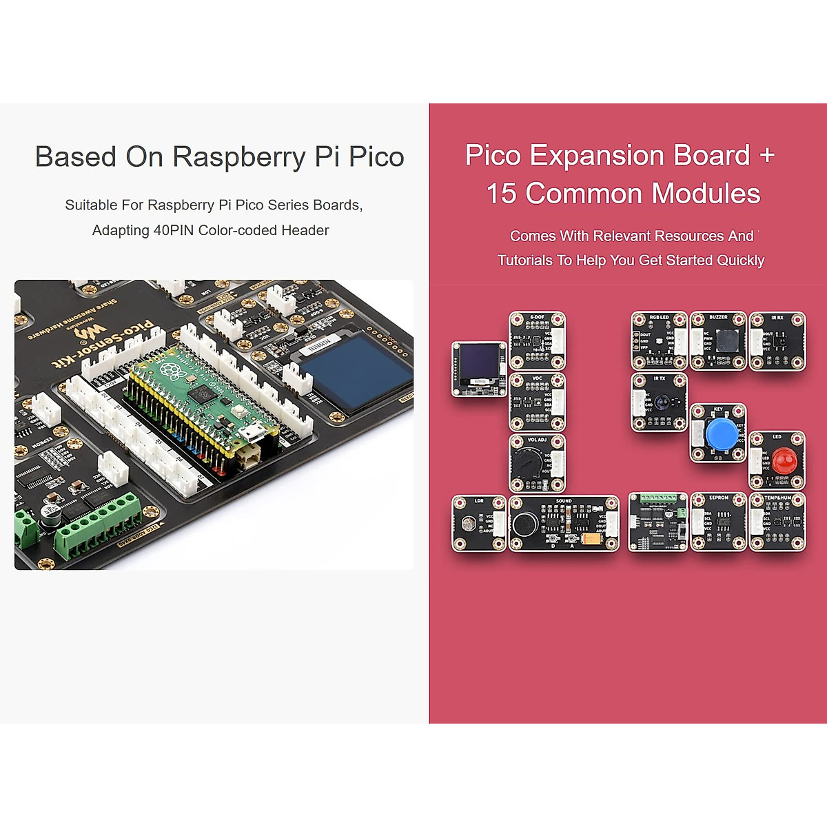 waveshare Sensor Kit for Raspberry Pi Pico W, Including Pico Expansion Board, and LED, Button, Buzzer, etc. 15 Common Modules, All-in-one Design, with Raspberry Pi Pico W