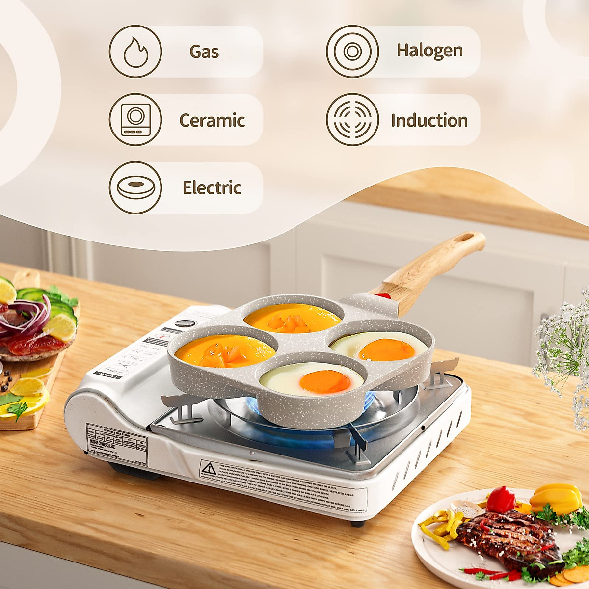 Innerwell Egg Frying Pan - 4 Cup Egg Pan Nonstick, Versatile Fried Egg Pan, Breakfast Skillet for Pancake, Hamburger, Sandwiches, Compatible with Gas Stove & Induction Cookware, Easy to Clean