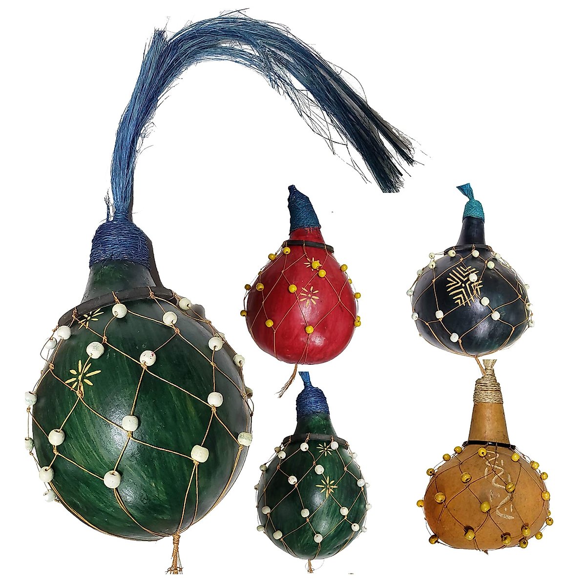 Gourd Maracus Shaker Covered With Net Of Beads And A Whisk. 6 in x 8 in. Overall length with whisk is approx 20 inches
