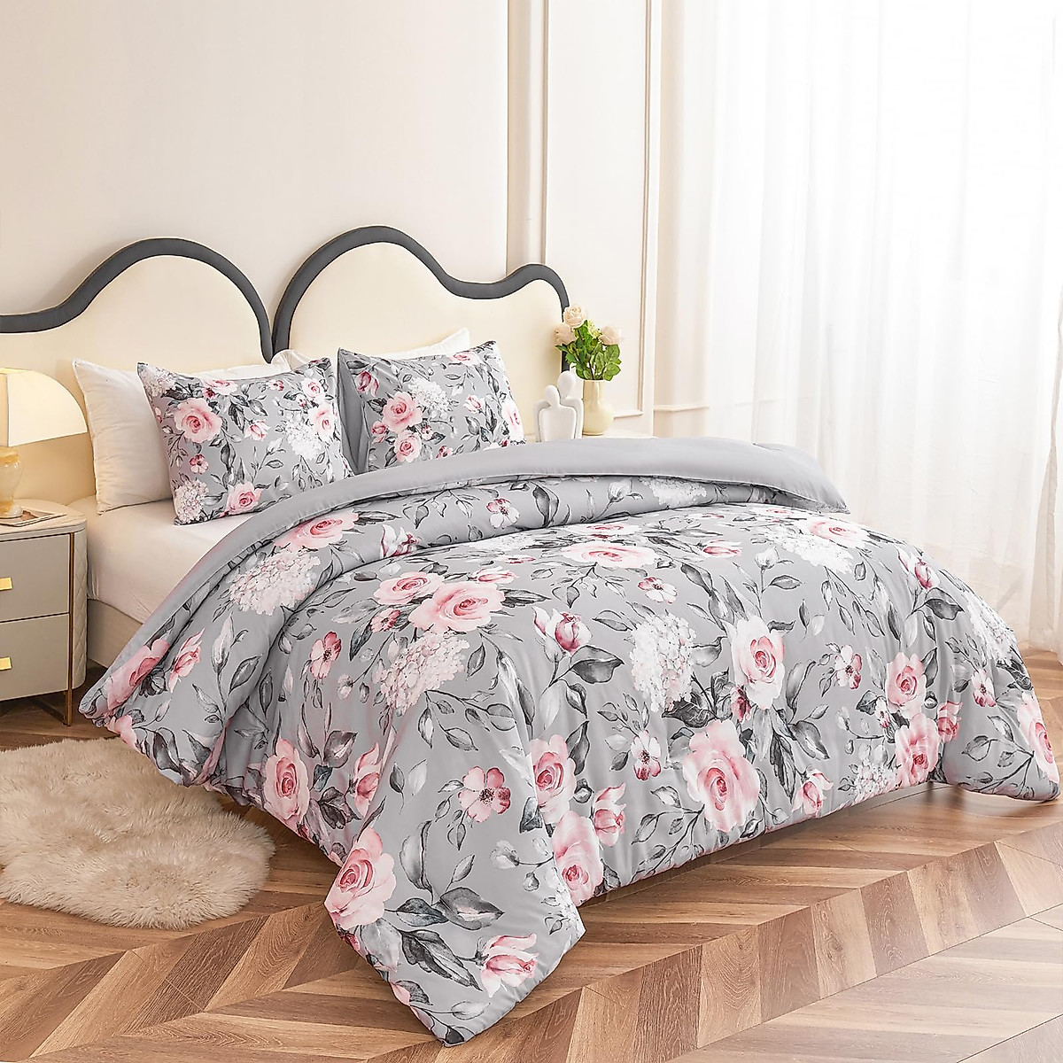 Koniroom 3 Pieces Pink and Grey Comforter Set Queen Size, Floral Bedding Sets with Pink Flowers and Leaves Pattern for Women Teen Girls, Reversible All Season Comforter with 2 Pillow Shams