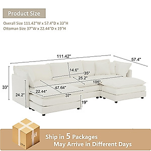Tmsan 111.42" Modular Sectional Sofa, Convertible Modern U Shaped Sofa Chenille Cloud Couches Set with Ottoman for Living Room Bedroom Apartment Office, 3 Seater