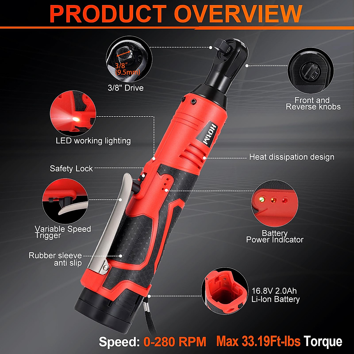 HORMY 3/8" Cordless Electric Ratchet Wrench Set, 33 Ft-Lbs 16.8V Battery Power Ratchet Tool Kit with Variable Speed Trigger, 2 Packs 2.0Ah Battery, Charger, 7 Sockets