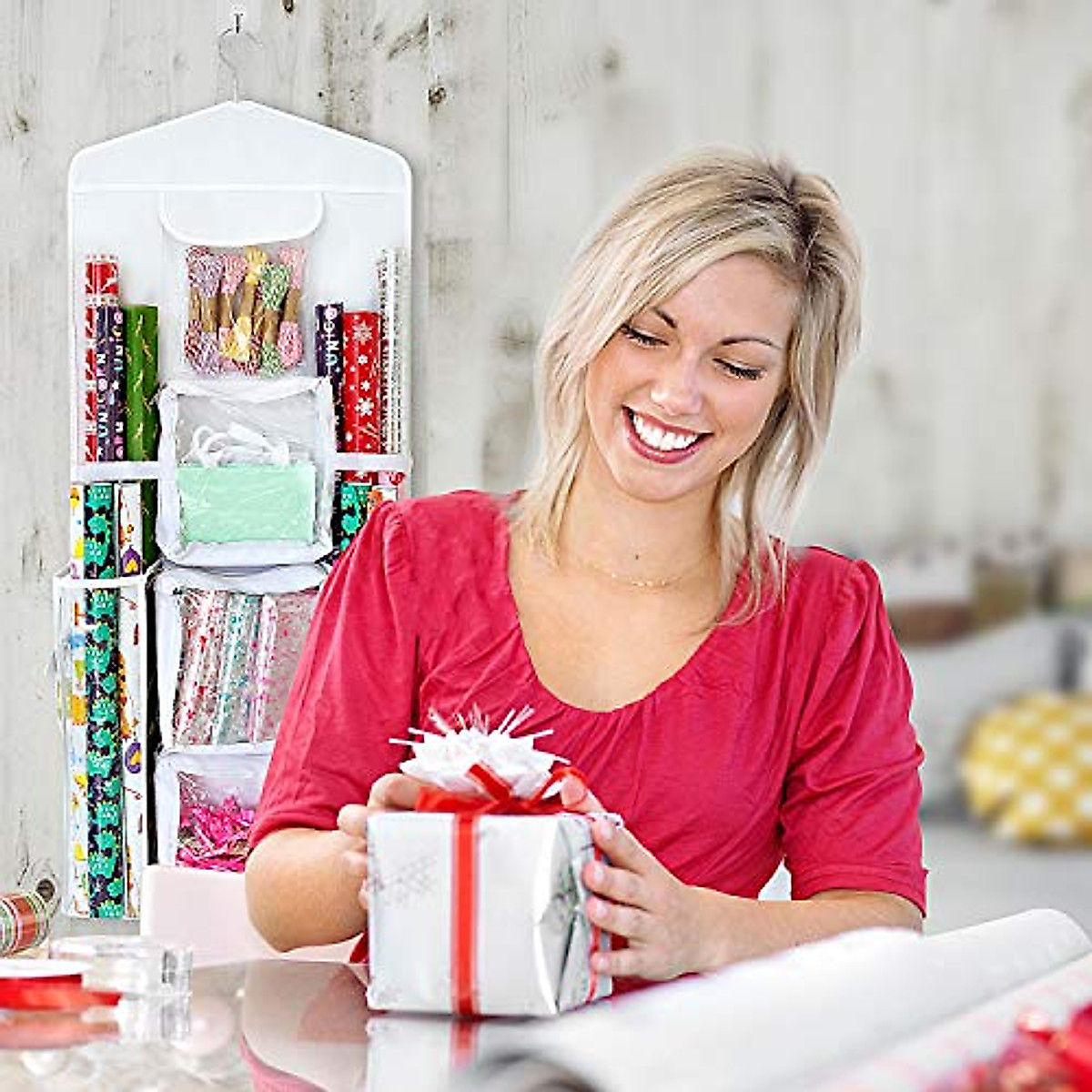 SumDirect White 16x40 Inch Double Sided Hanging Gift Wrap Organizer, Wrapping Paper Gift Bag Storage