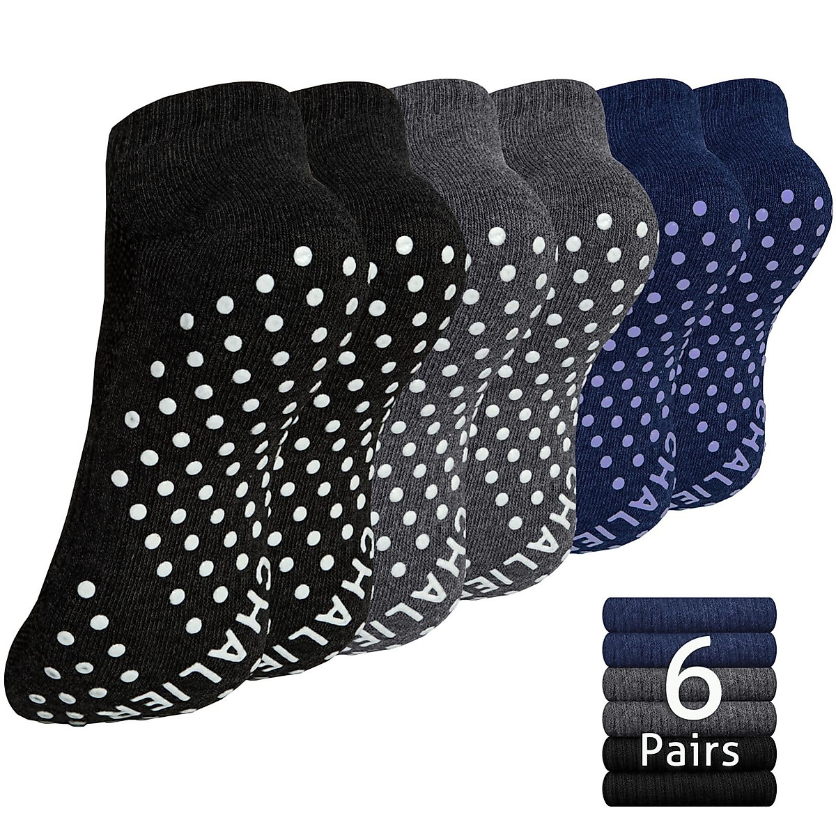 Chalier Fashion Non Slip Yoga Socks for Women 6 Pairs Ankle Low Cut Pilates Barre Socks with Grips, E-Black,Dark grey,Navy(6 Pairs)