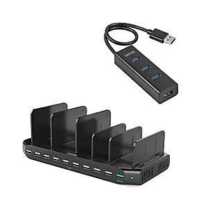 [Bundle] 4-Port USB 3.0 Hub Long Cable 48-inch with Micro USB Charging Port & QC3.0 Charging Station for Multiple Devices