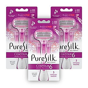 Pure Silk Contour 6 Premium Disposable Razor Value Pack Bundle (3 Packs/9 Total Razors)