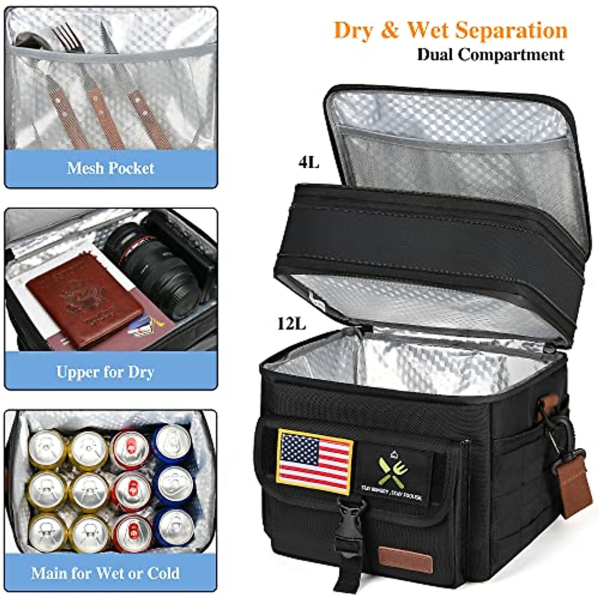 LOKASS Tactical Lunch Box for Men,16L, Double Deck Expandable Insulated Lunch box For Adults/Women Thermal Large Waterproof Leakproof Cooler Bag with Shoulder Strap,Black (Black)