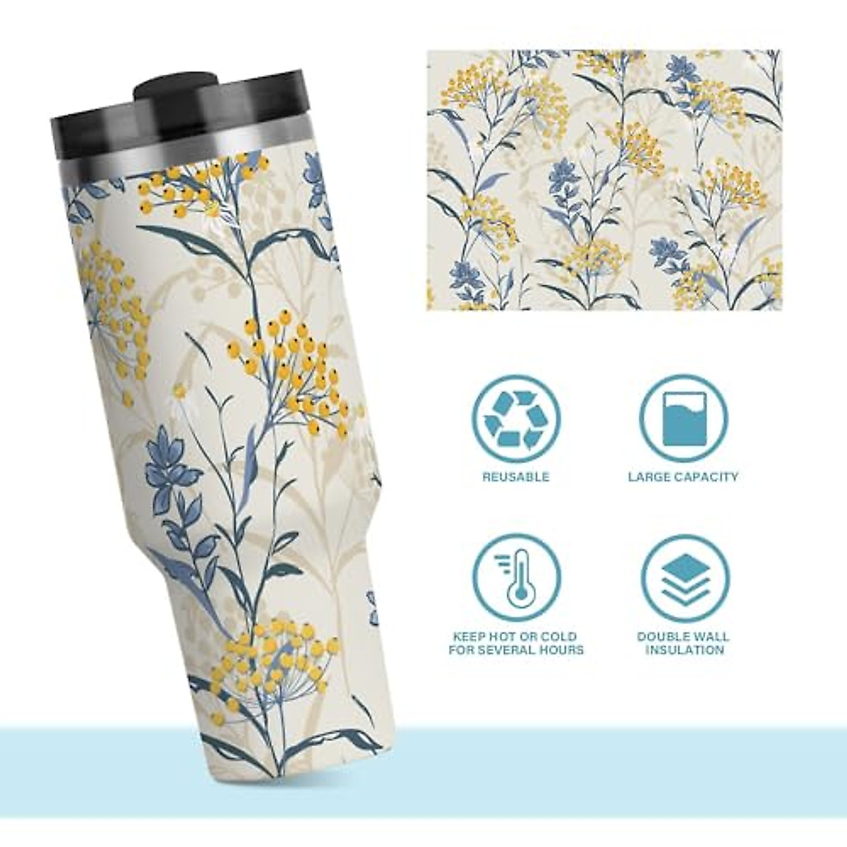 Yasala Car Tumbler with Handle Wildflowers Travel Mug Coffee Cup Insulated Beverage Container Mega Cup for Hot Cold Drinking Thermos Water Bottle Cupholder Friendly 40 oz