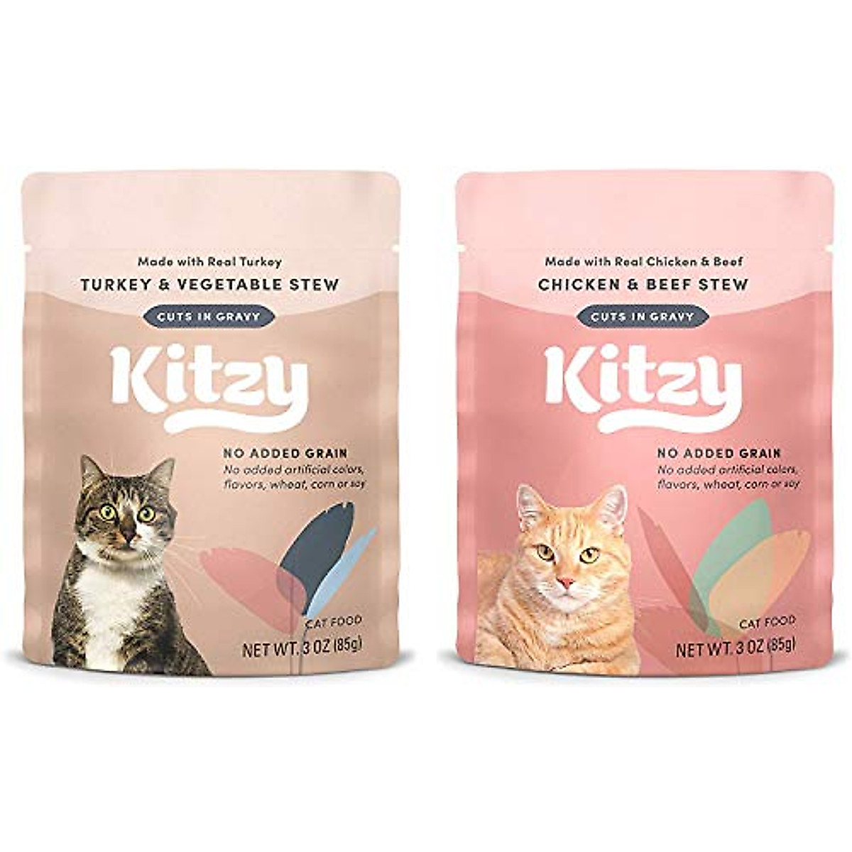 Amazon Brand - Kitzy Wet Cat Food, Variety Pack (Turkey & Vegetable/Chicken & Beef ) Stew Cuts in Gravy, Grain Free, 3 Oz Pouches (Pack of 24)
