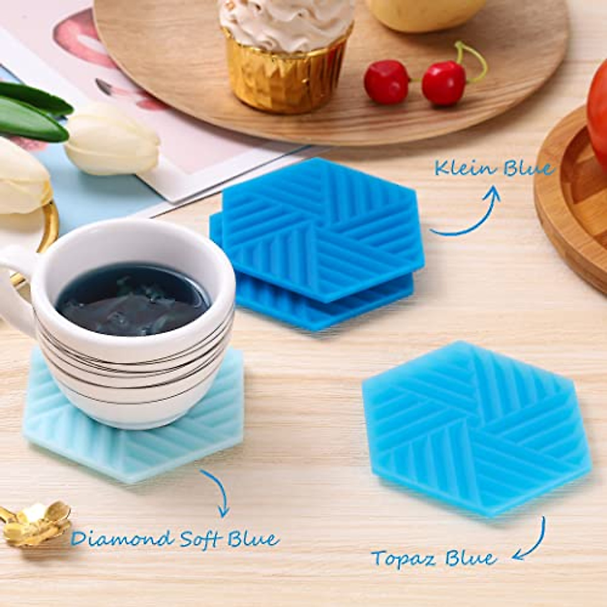 Dirani Design Colorée Coasters(Ocean Blue) for Drinks, Coffee Table Cute Silicone Non Absorbent Outdoor Modern Hexagon Cup Cool Farmhouse, Dishwasher Safe, House Warming Gifts New Home