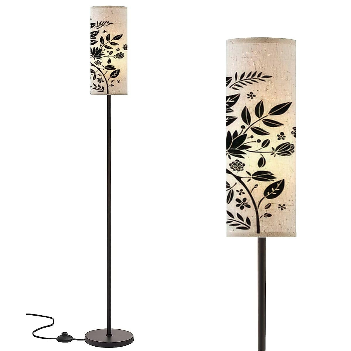 RZNTJHUINA Modern Standing Lamps Bouquet Flowers Leaves Berries Branch Hand Drawn Black Minimalist Floor Lamp Metal Pole Lamp with Linen Lampshade for Bedroom Living Room Office Nursery Reading