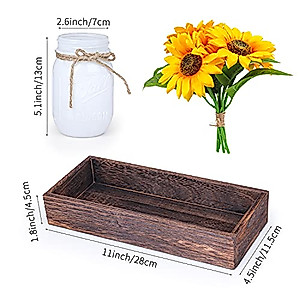 Fowecelt Mason Jar Lights Table Centerpiece Decoration for Dining Room Living Room Kitchen Table Decor Wood Tray with 3 Mason Jars Sunflower Farmhouse Coffee Centerpieces Table Decor