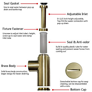 TRUSTMI Bottle Trap, Brass Decorative 1 1/4 Bathroom Sink P Trap, Large Body Round Lavatory Waste Drain Kit, Brushed Gold