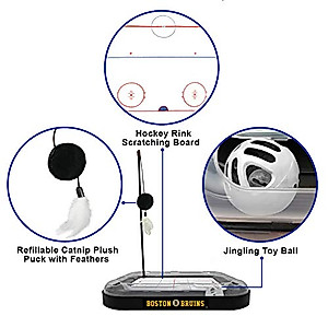 Pets First Cat Scratching Toy NHL Boston Bruins Hockey Field Cat Scratcher Toy with Interactive Cat Ball Bell in Tracks. 5-in-1 CAT Toy: Cat Wand Poll with Catnip Filled Plush Hockey Puck & Feathers.