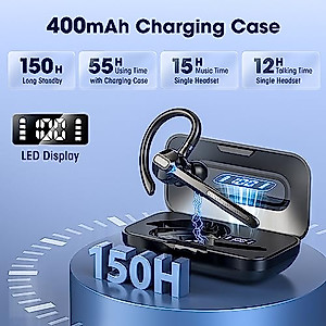 Ngsod Bluetooth Headset Wireless Earpiece with Built-in Mic 400mAh Display Charging Case 55H Playtime, V5.3 Bluetooth Earpiece for Cell Phone Computer, Hand-Free Headphones for Trucker Work