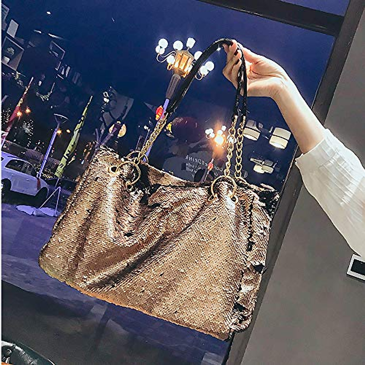 QTKJ Fashion Two Tone Reversible Sequin Tote Bag Zipper Shoulder Bag with Chain and Leather Straps (Gold)