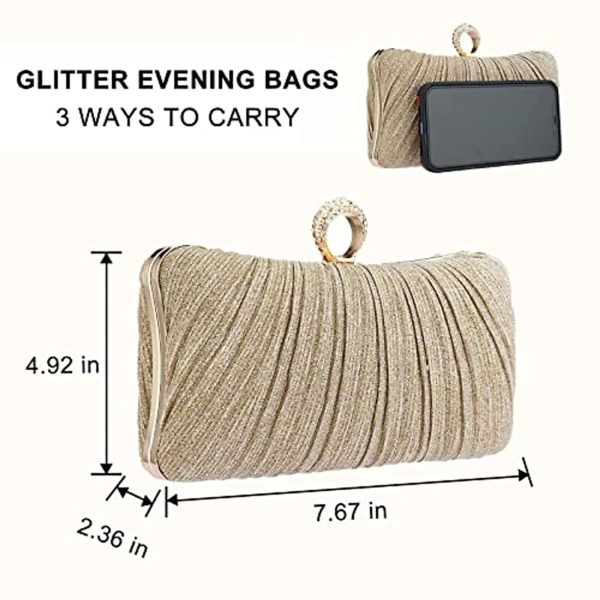 Womens Golden Evening Clutch Purse Glitter Handbag Pleated Evening Bag for Bridal Wedding Party (Gold)