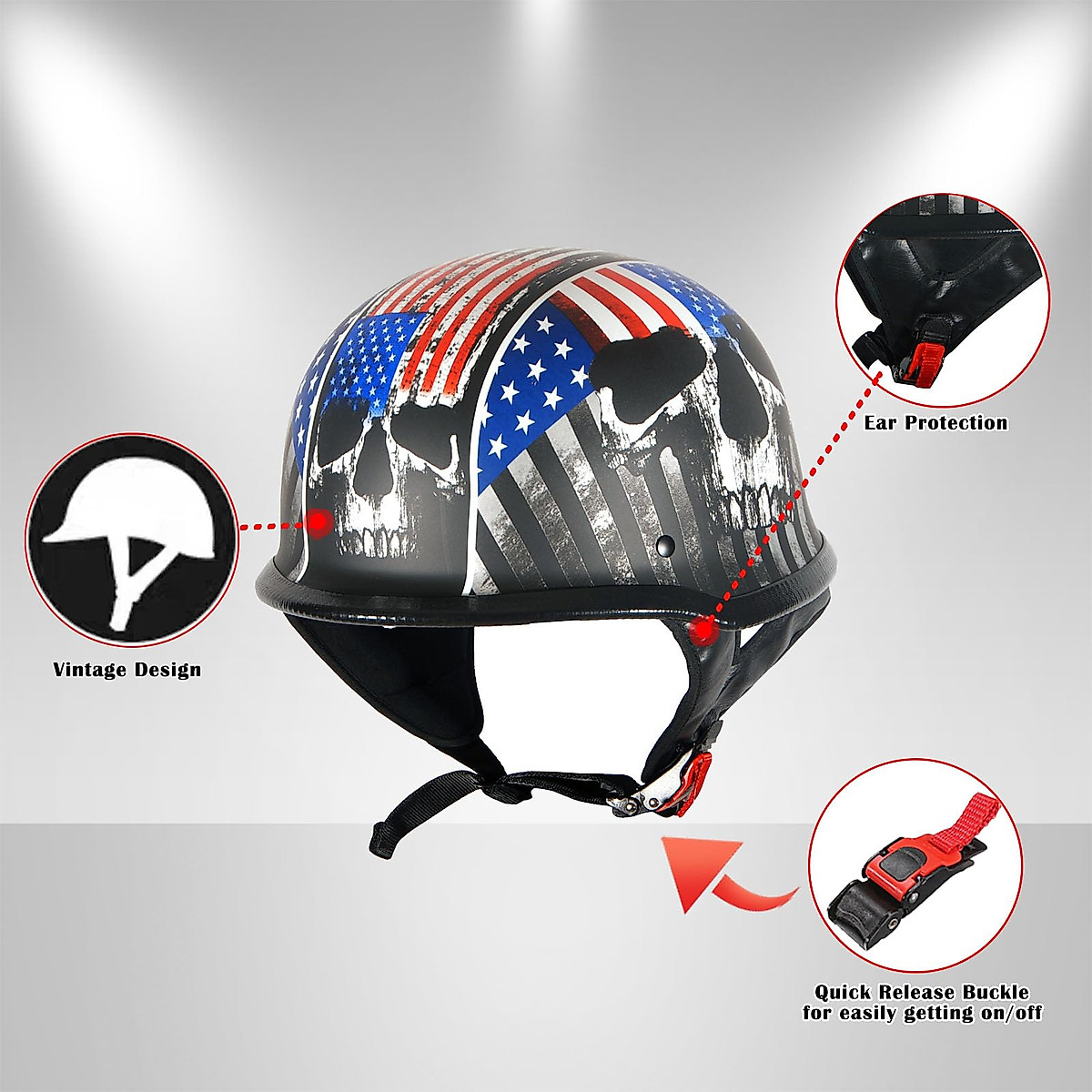 1Storm Novelty Motorcycle Half Face Helmet German Style DOT Approved: HKY602 Chain Skull + Black Tinted Goggle Bundle