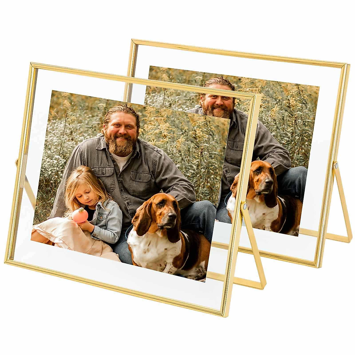 Qiannhee 8x10 Floating Frame (Horizontal), Gold Picture Frame Hold 8x10in 6x8in 5x7in Photo for Tabletop Display, Gift Choice for Festival-Glass Metal Stand Frame (Gold, 2 Pack)