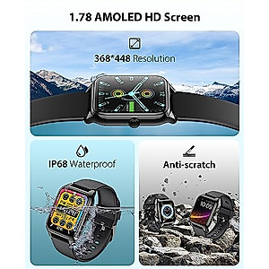 EGQINR Smart Watch, 1.78" AMOLED 368 * 448 HD Screen, 69 Sports Modes Fitness Tracker with Heart Rate, Blood Oxygen, Sleep, IP68 Waterproof Smartwatch with Bluetooth Call for Android iOS