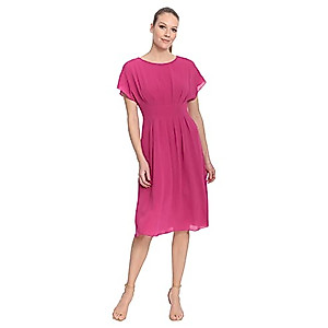 London Times Women's Pleat Tuck Catalina Crepe Dress with Waistband, Fuchsia Red, 14