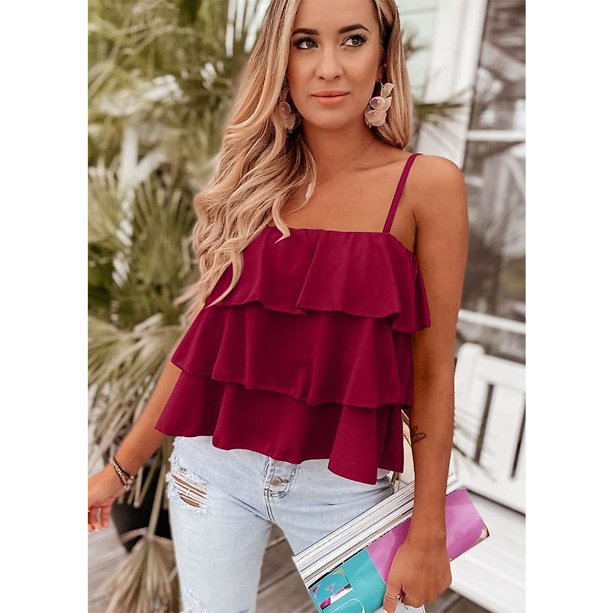 KIRUNDO Women's 2025 Summer Spaghetti Strap Cami Tank Tops Tiered Ruffle Tie Shoulder Flowy Sleeveless Shirts Camisole(Jujube Red, Medium)