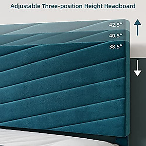 Homhougo Queen Size Bed Frame with Adjustable Headboard, Velvet Upholstered Platform Bed with Solid Wood Slats Support, No Box Spring Needed, Noise-Free, Green