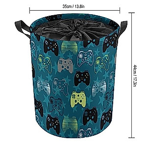 LynaRei Colorful Joystick Gamepad Laundry Basket with Handle, Gaming Cool Print Drawstring Round Collapsible Storage Bin, Dirty Clothes Hamper for Bedroom Bathroom
