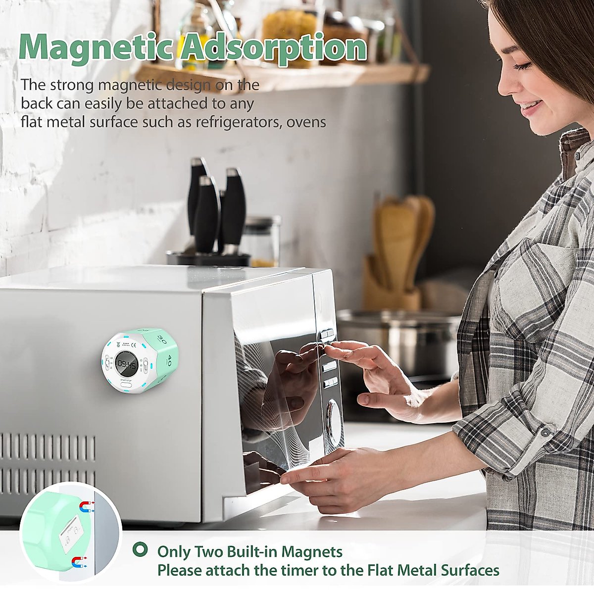 Pomodoro Timer, 8 Sides Visual Magnetic Timer, Digital Cube Flip Timer, Countdown & Count up Timer, Silent & Alarm, Rotating Productivity Timer for Time Management Work Study Exercise(Green)