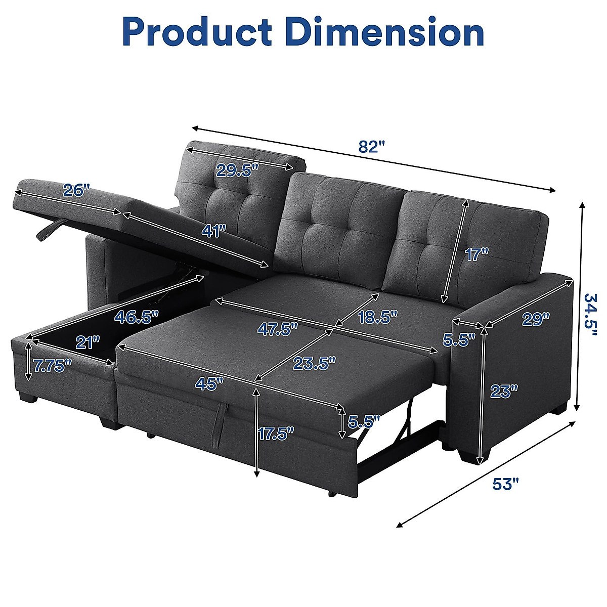 Rovibek VLAHX 4-in-1 Convertible L Shaped Couch with Pull Out Bed and Storage, Sectional Sleeper Sofa with Reversible Chaise for Living Room, Apartment, Bedroom, Office