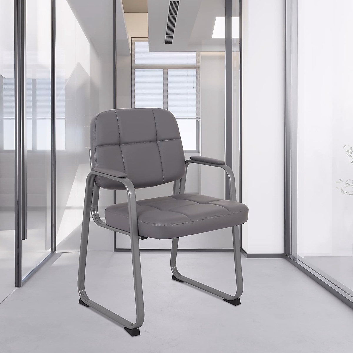 CLATINA Waiting Room Chairs with Padded Arms Leather Guest Chair no Wheels for Office Reception and Conference Desk with Sled Base Grey