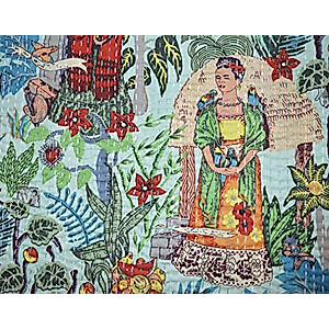SHIRANYA Cotton Kantha Quilt Bedspread Twin Indian Handmade Blue Floral Frieda Kahlo Print Throw Blanket Reversible Traditional Patchwork Stitched Bedding Comforter (90x60 Inch/220x152Cm)