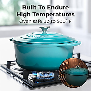 Zulay Kitchen 6 Quart Enameled Cast Iron Dutch Oven with Lid – Premium Durability & Oven Safe up to 500°F – Heavy Duty Cookware Perfect for Bread Baking, Stews, Braising & Roasting – Turquoise