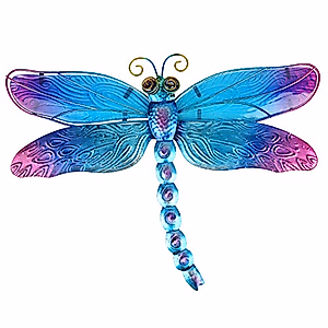John's Studio Metal Dragonfly Wall Decor Bathroom Glass Art Iron Sculpture Outdoor Orange Hanging Decoration for Home Bedroom Garden Patio Porch or Fence - Blue