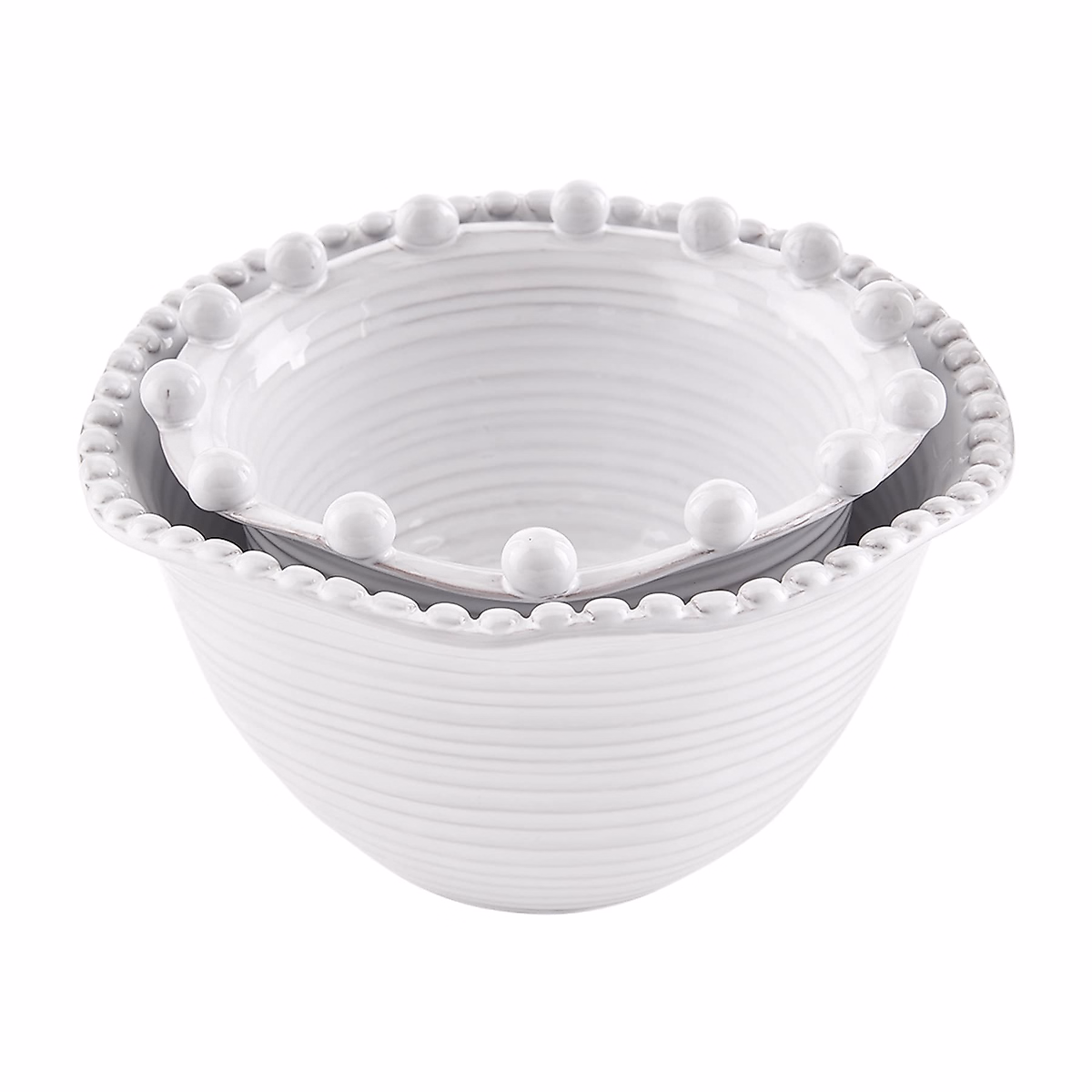 Mud Pie Beaded Side Bowl Set, White, small 4" x 7" dia | large 5" x 8 1/2" dia