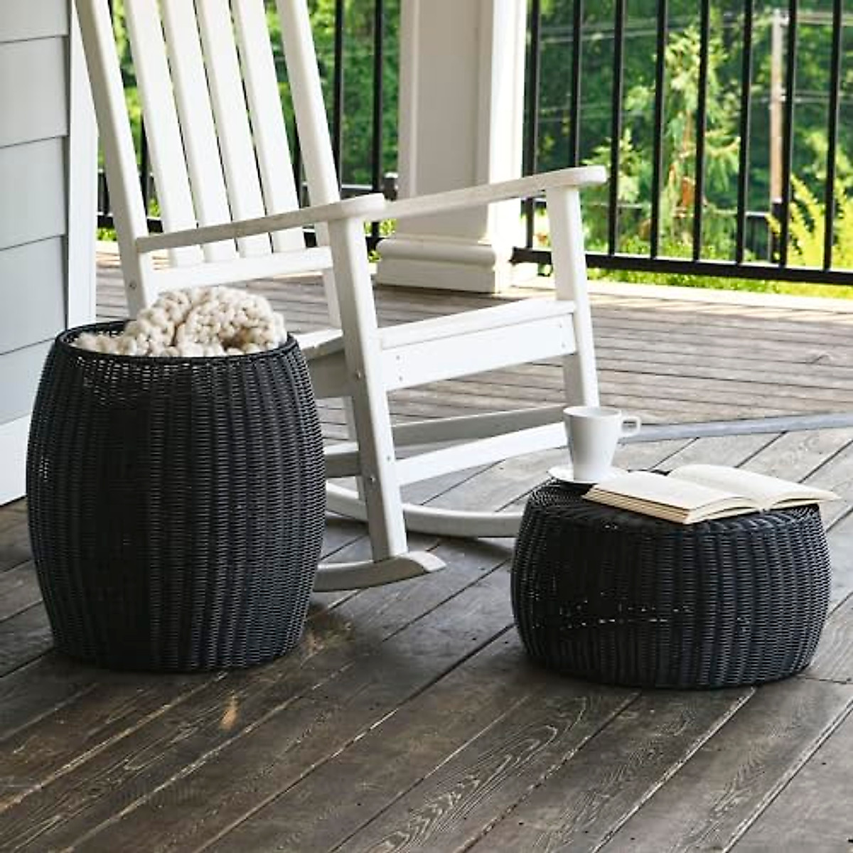 Household Essentials Handwoven Resin Storage Stool Ottoman, Black