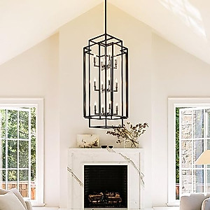 WJShome Silver 12 Lights Pendant Light, Metal Lantern Shape Island Light, Vintage Black Ceiling Light, Industrial Tiered Hanging Light Fixture for Living Room, Kitchen