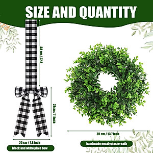Artificial Eucalyptus Wreath Greenery Hanging Wreath Kitchen Cabinet Wreath with Buffalo Plaid Bow Black and White Check Bow for Christmas Front Door Home Wall Porch Patio Garden Decor