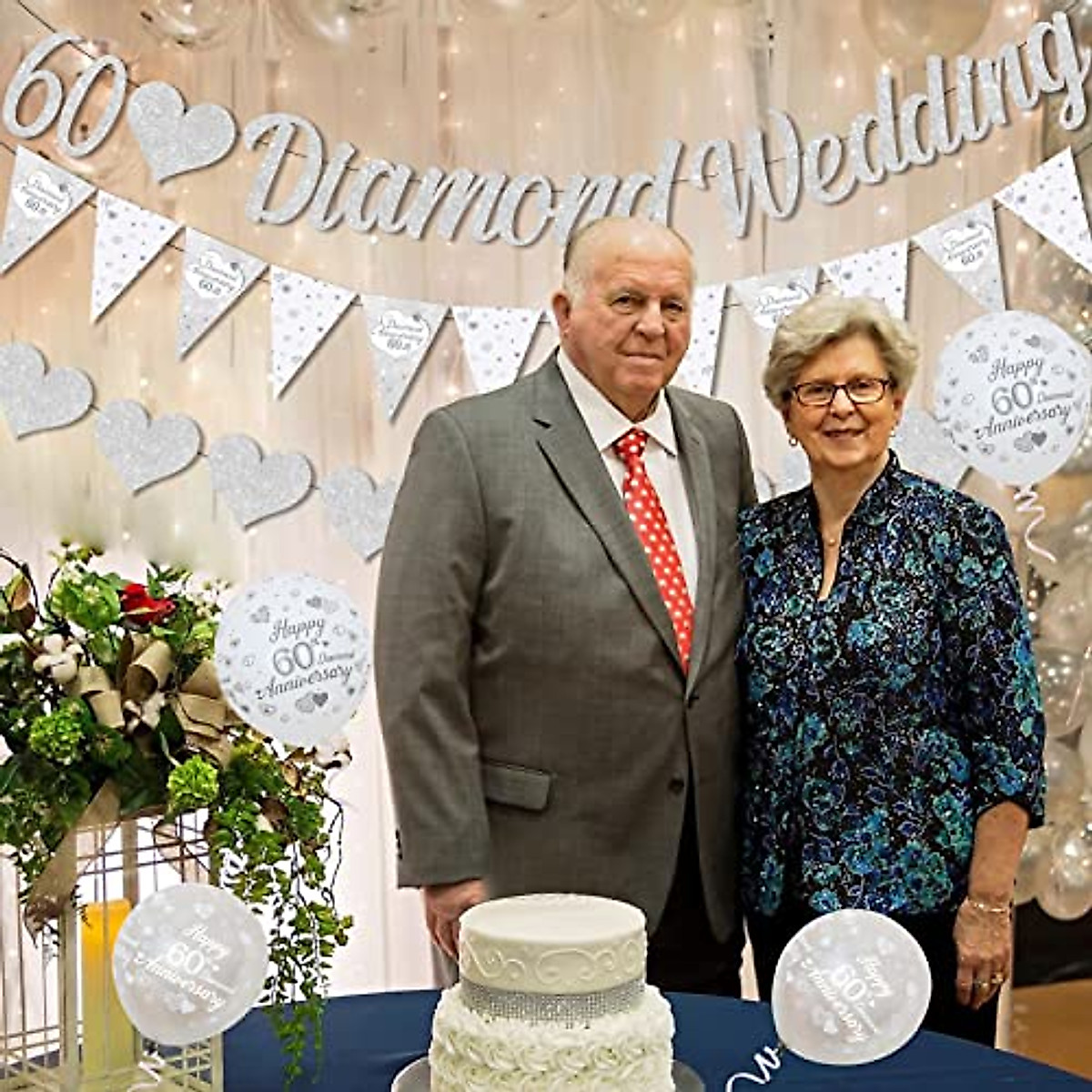 60th Anniversary Decorations, 60th Diamond Wedding Glitter Banners, 60th Anniversary Bunting Flag and Balloons for Anniversary Party Supplies