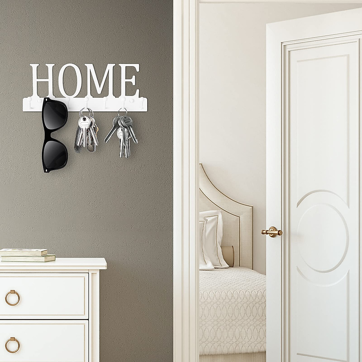 HLWDFLZ Key Holder for Wall - Wall Mounted Key Hangers with 7 Key Hooks, Wall Decorative Organizer Rack for Entryway Mudroom Front Door Kitchen Hallway Office 10 X 4 inches (White Home)