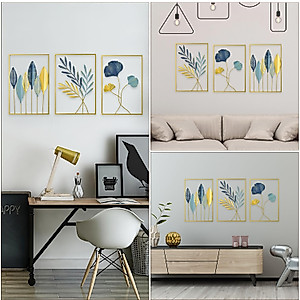 FUNTEREST Gold Leaf Wall Decor Modern Wall Art Home Decor, Set of 3 Metal Wall Hanging Decoration for Living Room Office Bedroom Hotel