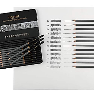 Cezanne Graphite Artist Drawing Pencil Set of 12 Professional Quality for Sketching & Shading, Break Resistant Pre-sharpened Leads, Triple Coated Matte Finished Wood-cased Barrel, Travel Storage Tin