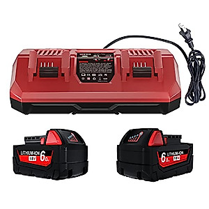 TURPOW Dual Ports Rapid Charger & 2 Packs 6.0 Ah Replacement for Milwaukee M18 Battery Combo, Compatible with Milwaukee 18V Battery 48-11-1862 48-59-1850 + for M18 Milwaukee Battery Charger 48-59-1812