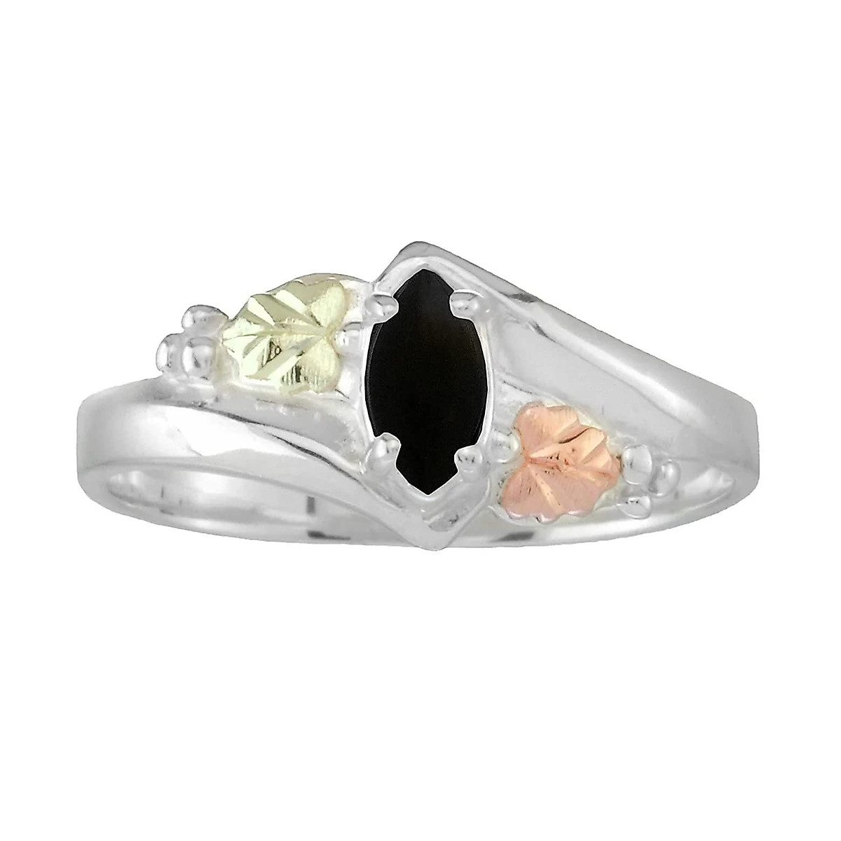 Onyx Cabochon Marquise Bypass Ring, Sterling Silver, 12k Green and Rose Black Hills Gold Size 12