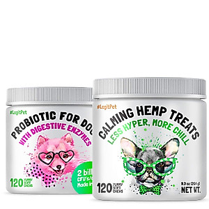 LEGITPET Calming Hemp Treats for Dogs 120 Soft Chews and Probiotics for Dogs with Natural Digestive Enzymes 120 Soft Chews Bundle - Made in USA