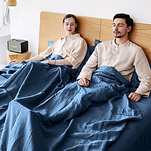 Simple&Opulence Belgian Linen Sheet Set Solid Color - 4 Pieces (1 Flat Sheet, 1 Fitted Sheet & 2 Pillowcases) Natural Flax Cotton Blend Soft Breathable Farmhouse Bedding - Queen Size, Classic Blue