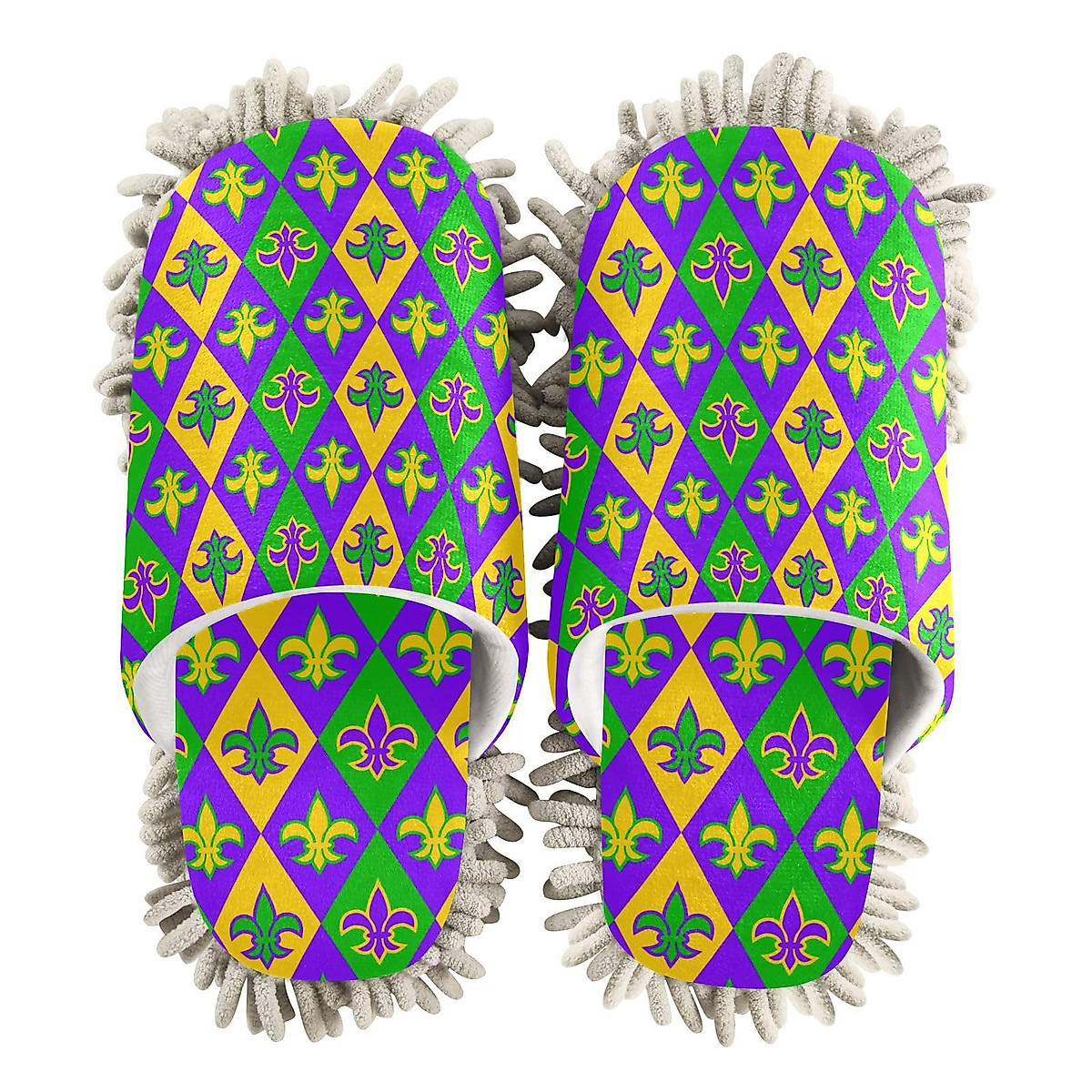 FLildon Microfiber Cleaning Slippers Mardi Gras Washable Mop Shoes Slipper for Men/Women House Floor Dust Cleaner, Size L