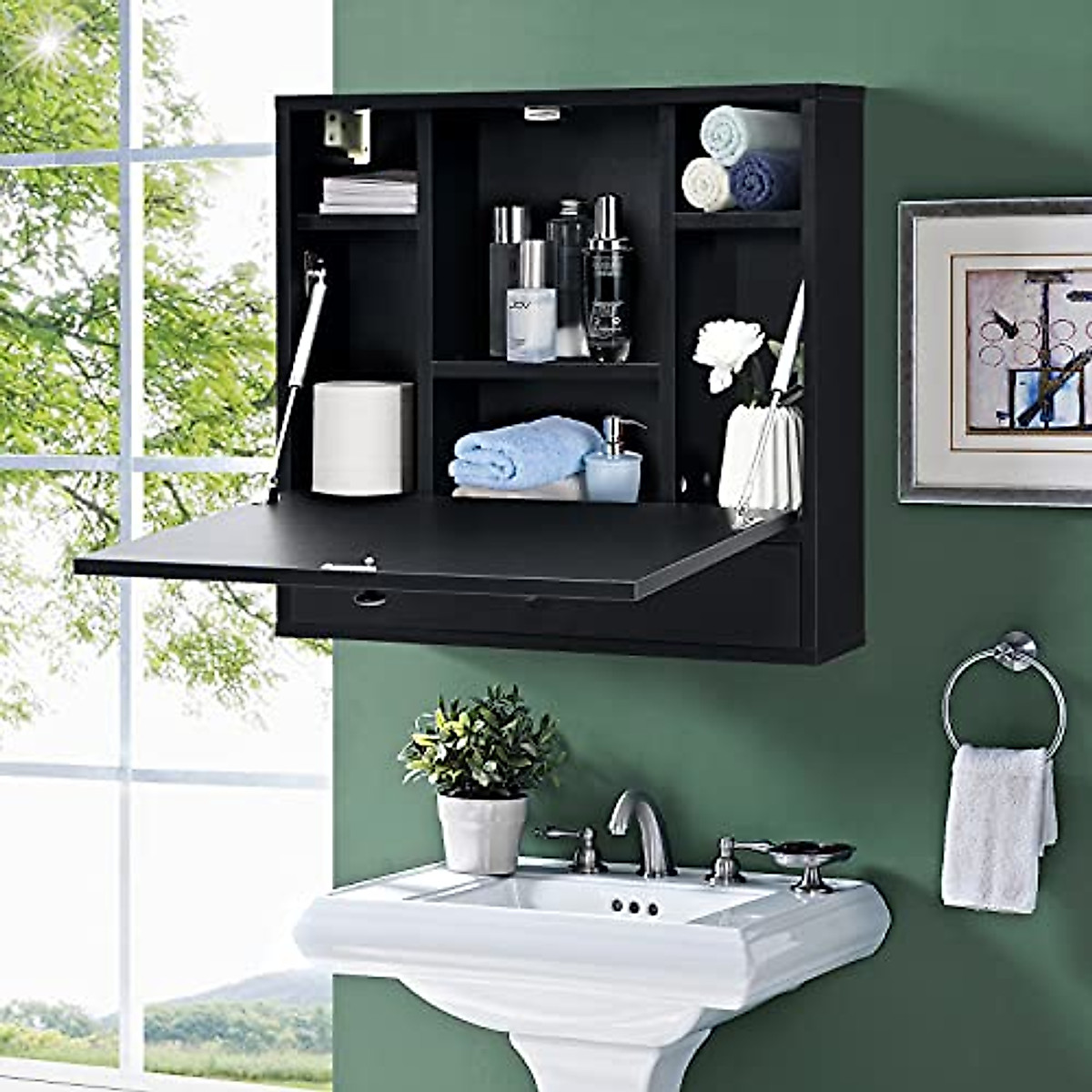 IFANNY Wall Mounted Desk, Wall Computer Desk w/Storage Drawer & Shelves, Compact Floating Desk for Wall, Space Saving Wall Desk Fold Down, Wall Desks for Small Spaces (Black)