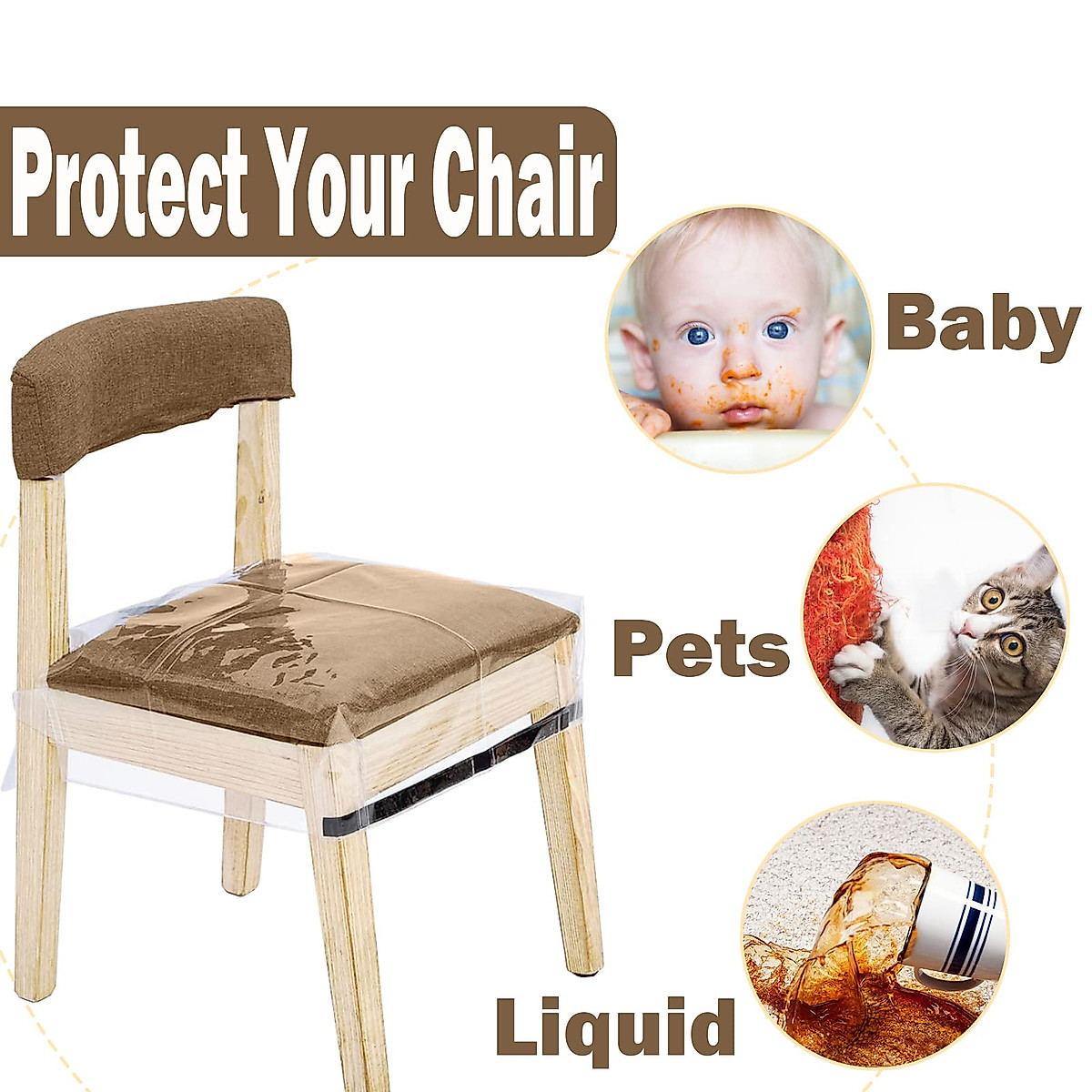 4 Pack Plastic Seat Covers, Plastic Chair Covers for Dining Room Chairs, Stain, Water and Kitty Scratch Resistant Clear Pvc Chair Protector with Adjustable Strap for Most 18" - 20" Standard Chair