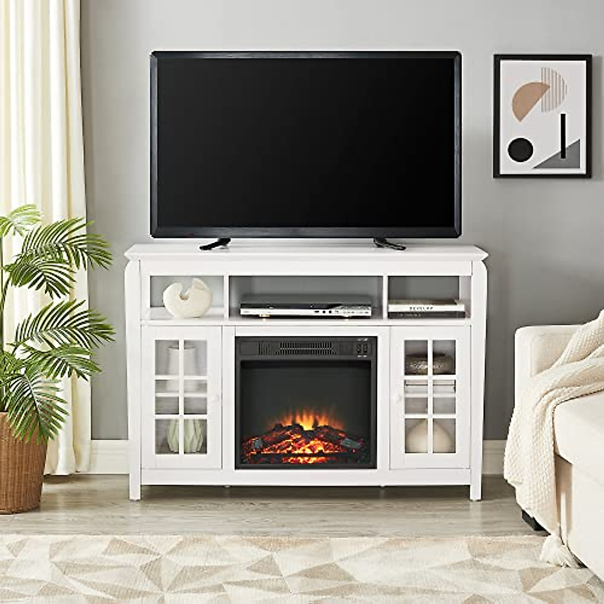 GOOD & GRACIOUS Modern Electric Fireplace TV Stand for 55 Inch TV Media Entertainment Center with 1500W Fireplace and Tempered Glass Door Tall TV Console Table for Living Room,46 Inch,Painting White